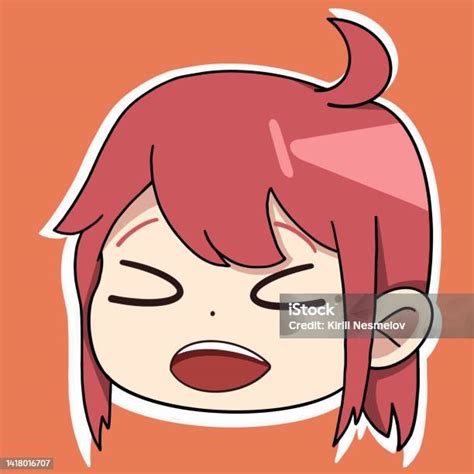 소녀의 얼굴과 얼굴에 다른 감정과 빨간 머리카락이있는 애니메이션 스티커 귀여운에 대한 스톡 벡터 아트 및 기타 이미지 귀여운