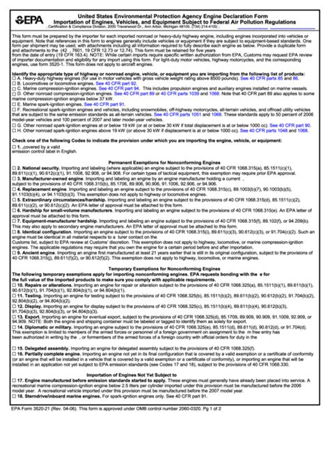 Fillable Epa Form 3520 21 United States Environmental Protection Agency Engine Declaration