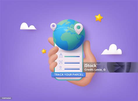 앱 배달 추적 기능이 있는 모바일 스마트폰을 들고 있습니다 배달 개념입니다 3d 벡터 그림입니다 세계지도에 대한 스톡 벡터 아트 및 기타 이미지 Istock