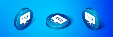 비상 전화 112 아이콘이 파란색 배경에 고립 된 아이소 메트릭 전화 경찰 구급차 소방서 전화 전화 파란색 원 버튼 벡터 3차원