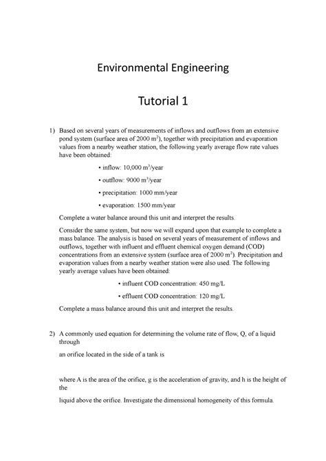 Tutorial Week Environmental Engineering Tutorial Based On Several Years Of Measurements Of