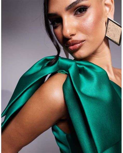 Lavish Alice Bonded Satin Bow Shoulder Wrap Midi Dress In Green Lyst Uk