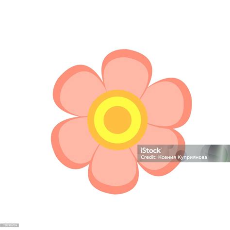 노란색 중앙 핑크 꽃입니다 간단한 평면 만화 스타일입니다 귀엽고 재미있습니다 봄과 여름 꽃 그래픽 요소입니다 엽서 스크랩북 및 포장지 아이들을위한 어린이를위한 식물학 0명에