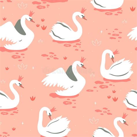 Seamless Pattern With White Crowned Swans On A Pond Vector Graphics Stock Vector Illustration