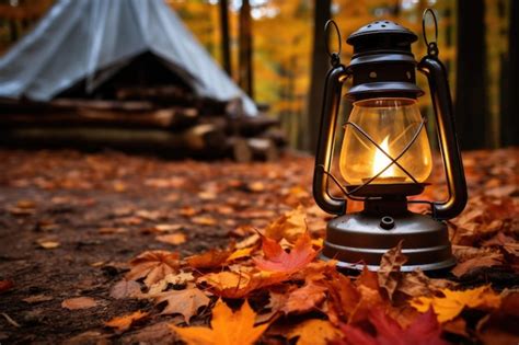 Premium Ai Image Camping Lantern Near Pile Of Fall Leaves