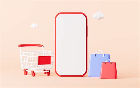 노란색 배경에 빈 장바구니와 휴대폰 온라인 쇼핑 개념 3d 렌더링 3차원 형태에 대한 스톡 사진 및 기타 이미지 3차원 형태 구매 소매 소비자주의 Istock