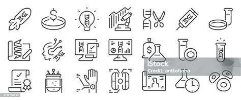 생명 공학 시작 아이콘 세트입니다 여기에는 과학 비즈니스 혁신 의료 및 더 많은 아이콘이 포함되었습니다 편집 가능한 벡터