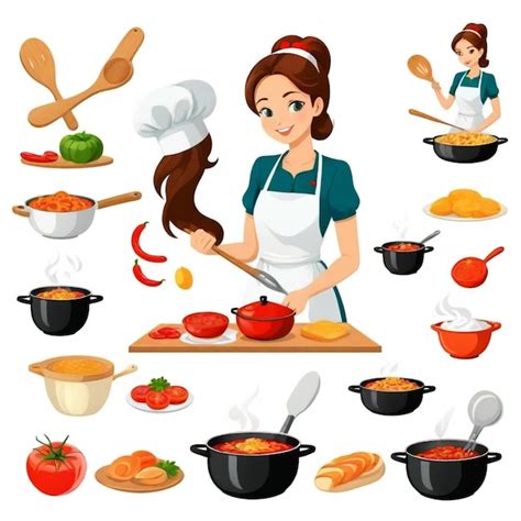 Premium Vector Girl Cooking Vector Set White Background Isolated