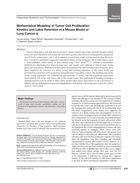 Pdf Mathematical Modeling Of Tumor Cell Proliferation Kinetics And Label Retention In A Mouse