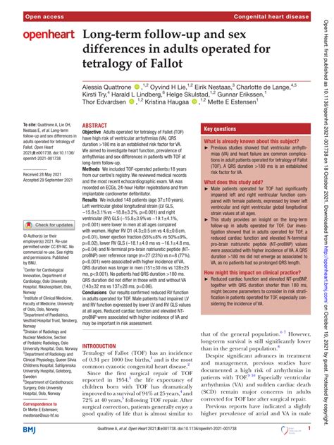 Pdf Long Term Follow Up And Sex Differences In Adults Operated For Tetralogy Of Fallot