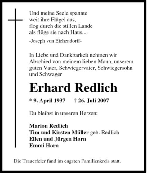 Traueranzeigen Von Erhard Redlich Trauer In Nrwde