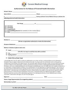 Medical Record Release Form Fillable Carson Medical Group Carson