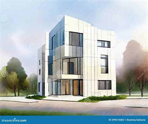 Watercolor Of Render Of A Modern Building Stock Illustration