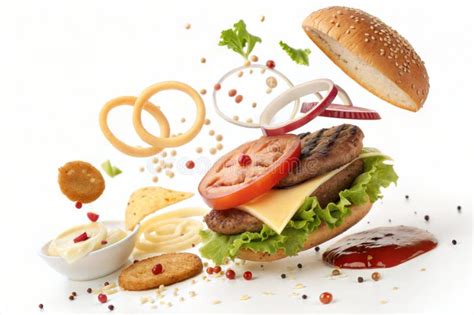 Delicious Burger Ingredients In Mid Air Ready To Assemble Stock