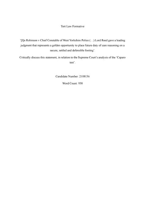 Tort Law Formative Essay Tort Law Formative ‘ I N Robinson V Chief