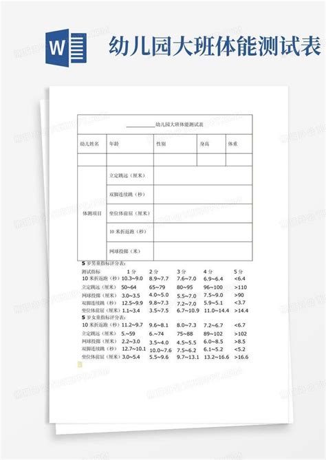 幼儿园大班体能测试表word模板下载编号lkjmbkvn熊猫办公
