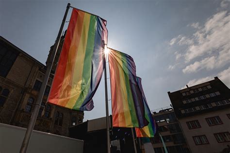 무지개 깃발 Lgbtqia 상징 게이 퍼레이드 프라이드 행사를 위한 컨셉 사진 거리 야외에 깃발이 꽂혀 있고 낮에는 맑은 날씨가