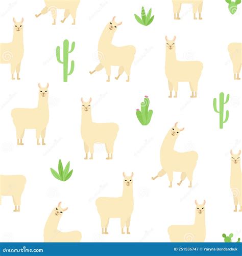 Cute Llama Seamless Pattern Cartoon Alpaca And Cactuses On White