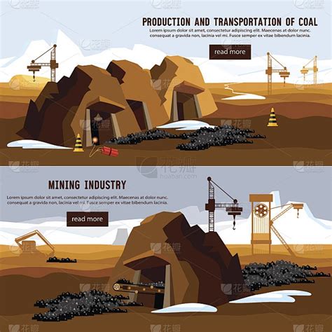 挖掘机工作在露天煤矿的旗帜。采煤工艺、推土机、输送机卡通素材 花瓣网