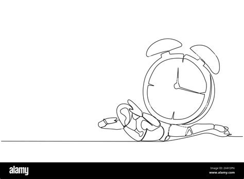 Single One Line Drawing Stressed Robot Under Heavy Alarm Clock Burden Work Pressure At Tech