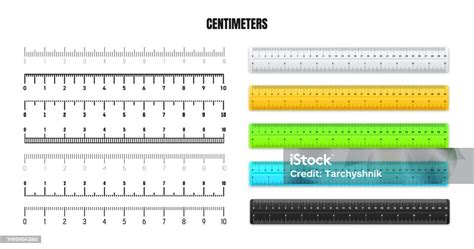 길이 또는 높이를 측정하기 위한 검은색 센티미터 스케일이 있는 사실적인 금속 눈금자 분할이 있는 다양한 측정 스케일 눈금자 줄자 표시 크기 표시기 벡터 그림 각도에 대한