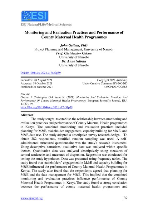 Pdf Monitoring And Evaluation Practices And Performance Of County Maternal Health Programmes