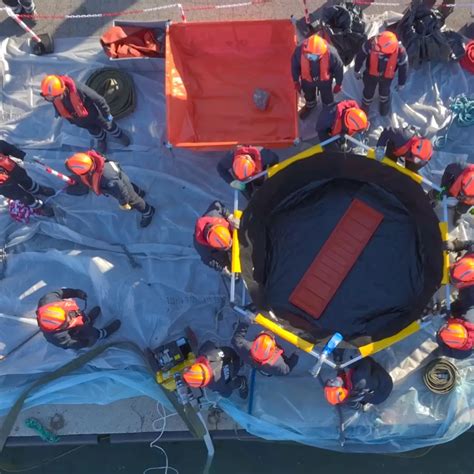 Drone Photo Of Firefighters During An Anti Pollution Exercise