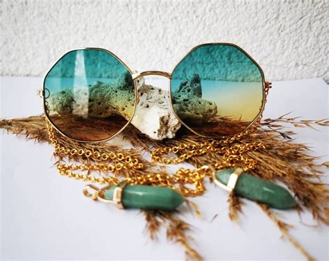 Armless Chain Temple Sunglasses Unique Natural Light Green Etsy
