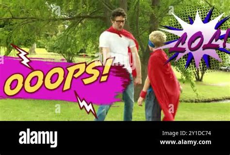 Superhero Themed Text Animation Oops And Lol Over People In Park
