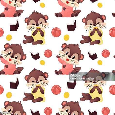 껍질 책 공이 있는 만화 수달을 특징으로 하는 완벽하고 귀여운 템플릿입니다 수달은 흰색 배경에 분홍색과 노란색 의상을 입은 갈색입니다 갈색에 대한 스톡 벡터 아트 및 기타