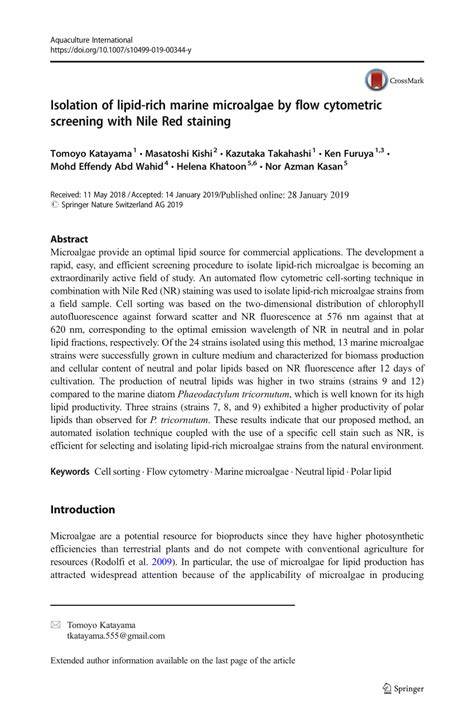 PDF Isolation Of Lipid Rich Marine Microalgae By Flow Cytometric Screening With Nile Red Staining