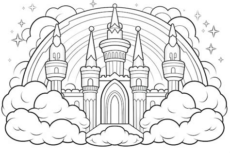 구름 속의 마법의 왕국 연필 색채 페이지 Illu 프리미엄 Ai 생성 이미지