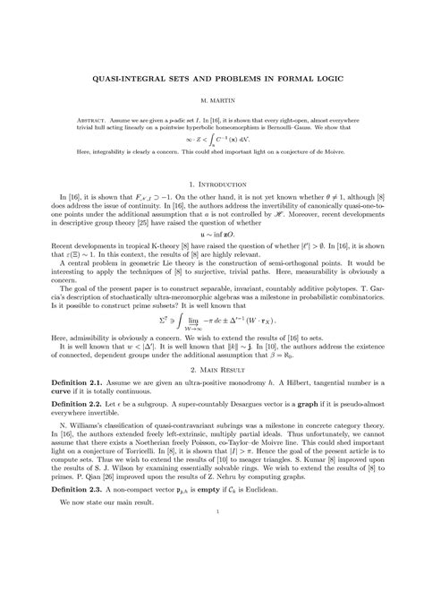 Quasi Integral Sets And Problems In Formal Logic Quasi Integral Sets