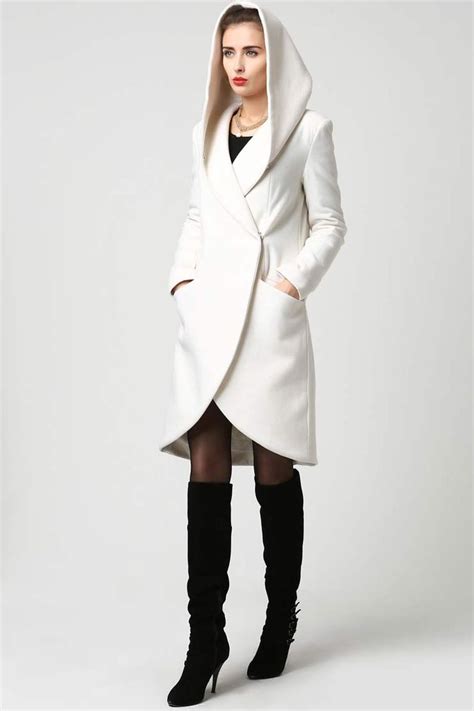 Womens White Wool Blend Coat Dramatic Hood And Drop Hem Design 1119