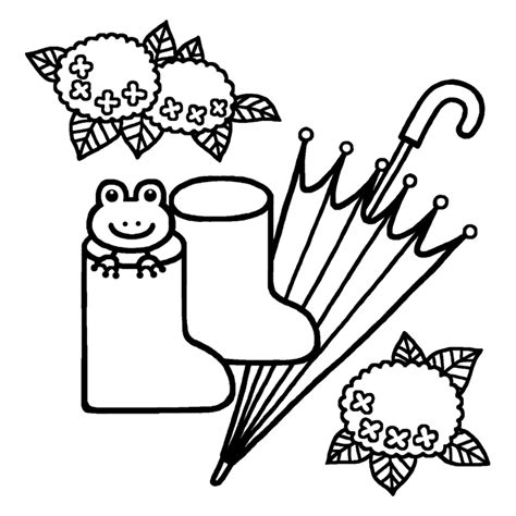 長靴と傘白黒梅雨・6月の無料イラスト夏の季節・行事素材