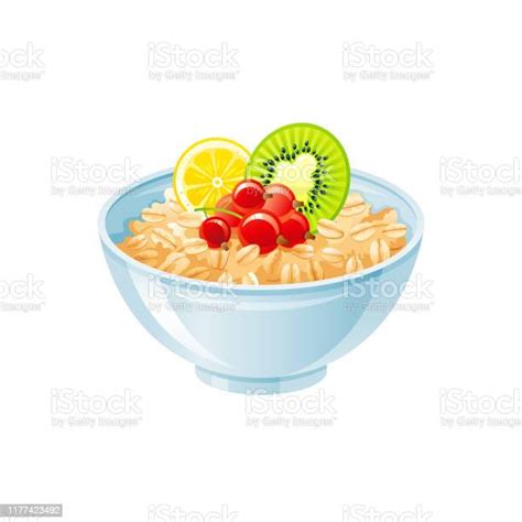 귀리 그릇 베리 과일을 곁들인 달콤한 오트밀 건강한 아침 식사 컵 키위 붉은 건포도와 귀리 식사 죽 3d 아이콘입니다 만화 뮤즐리 플레이크 음식 벡터 디자인 일러스트레이션