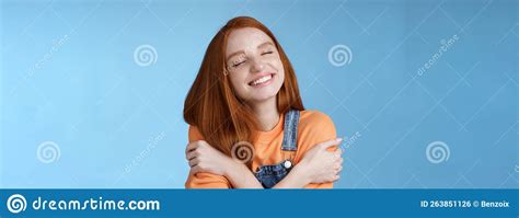 Close Up Dreamy Happy Smiling Redhead Girl Close Eyes Fantasizing