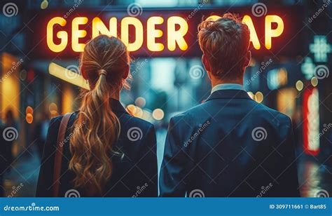 Professional Man And Woman Facing A Neon GENDER GAP Sign Portraying