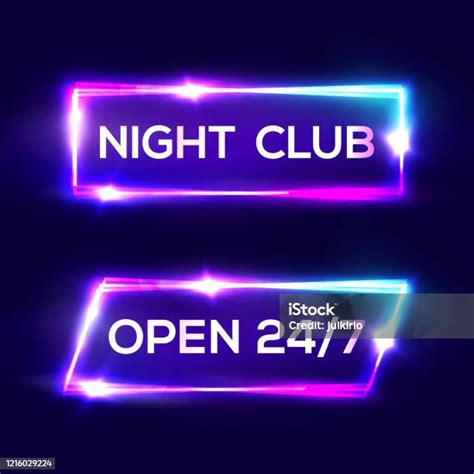 24 7시간 영업 나이트 클럽 네온 사인 네온 효과와 3d 복고풍 빛 바 빛나는 세트 다크 블루 배경에 테크노 프레임 전기 거리