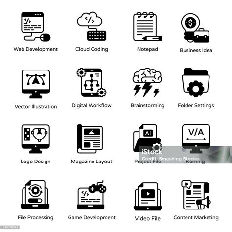 Paket Coding Dan Merancang Ikon Glyph Ilustrasi Stok Unduh Gambar