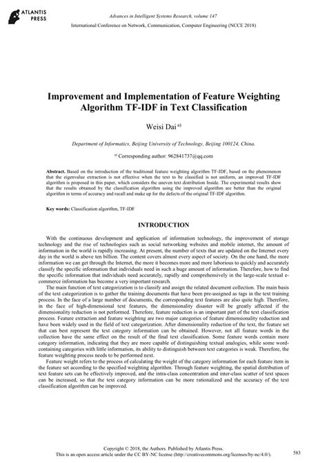 Pdf Improvement And Implementation Of Feature Weighting Algorithm Tf