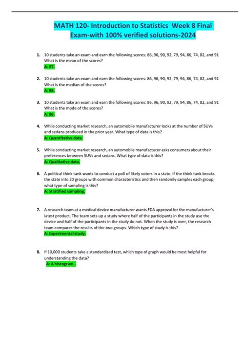 Math 120 Introduction To Statistics Week 8 Final Exam With 100