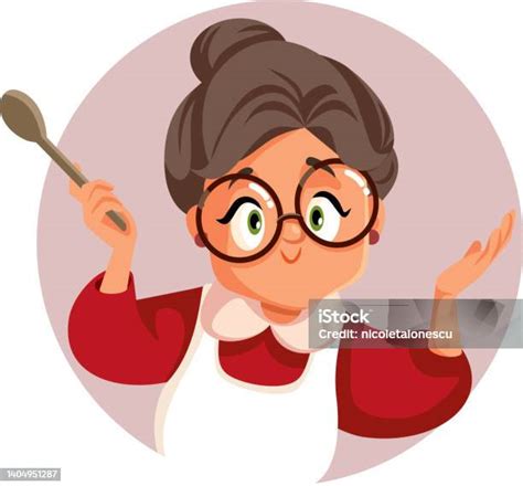 벡터 마스코트를 요리 할 준비가 된 나무 숟가락을 들고있는 할머니 여자 노인에 대한 스톡 벡터 아트 및 기타 이미지 여자 노인 요리하기 음식 준비 만화 Istock
