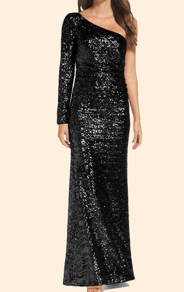 Macloth One Shoulder Long Sleeves Sequin Formal Evening Gown Black Pro