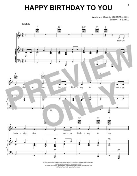 Happy Birthday To You By Mildred J Hill Sheet Music For Piano Vocal
