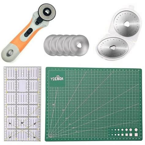 Yicbor 회전식 커터 세트 45mm 고무 핸들 패브릭 회전 교체용 블레이드 10개 A4 커팅 매트 공예 티몬