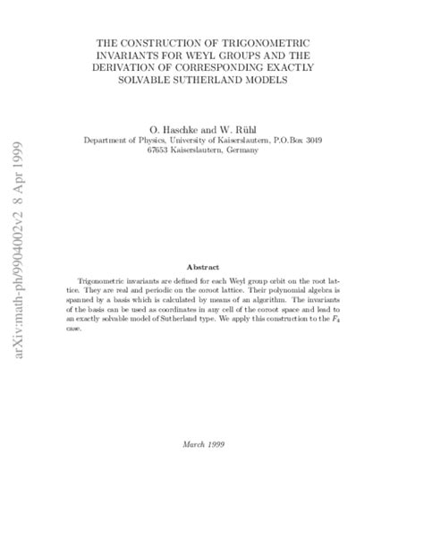 Pdf The Construction Of Trigonometric Invariants For Weyl Groups And The Derivation Of The
