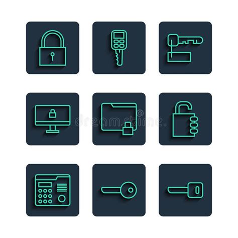 Set Line House Intercom System Key Marked Key Folder And Lock Lock On Computer Monitor And