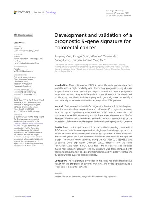 PDF Development And Validation Of A Prognostic 9 Gene Signature For