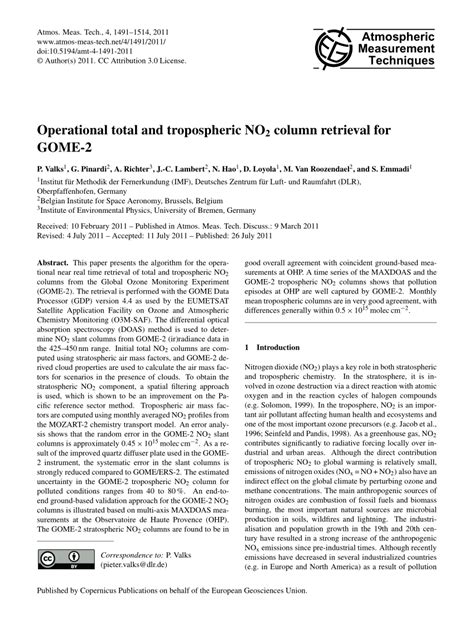 Pdf Operational Total And Tropospheric No2 Column Retrieval For Gome 2